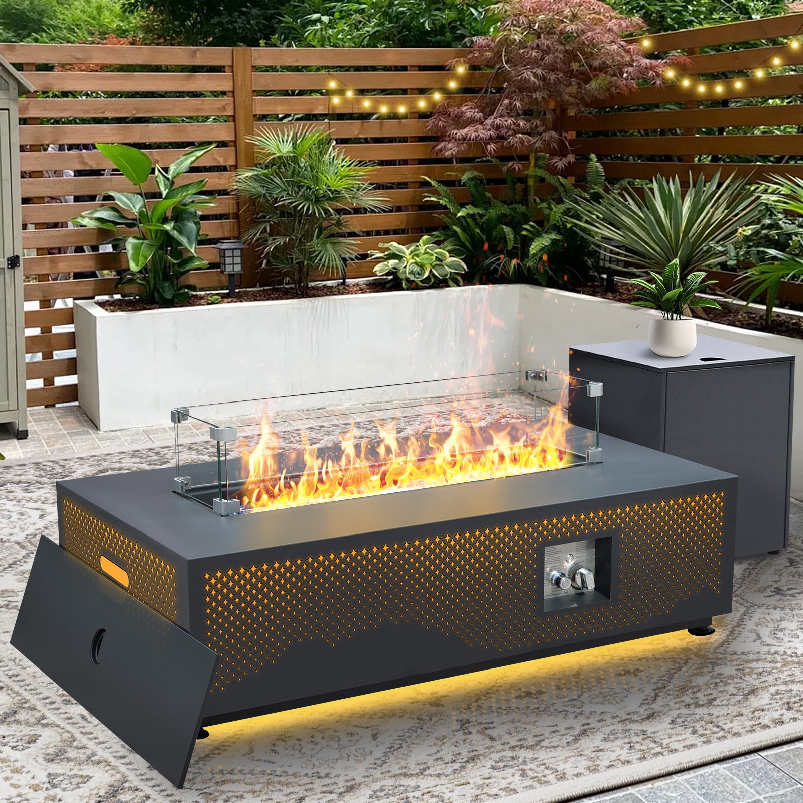 NICESOUL Outdoor Rectangular Fire Pit Table with LED Lights 50,000 BTU ...