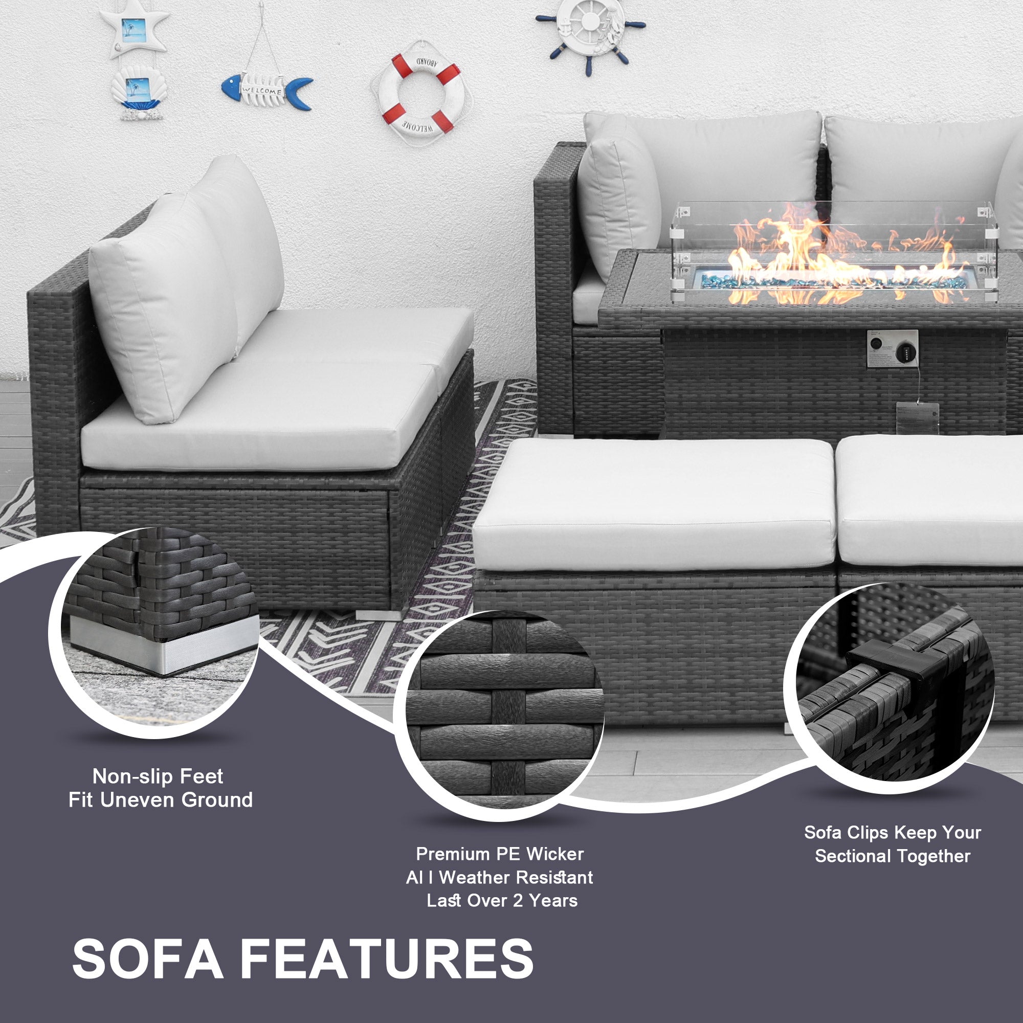 Nicesoul Patio Sectional Rattan with Fire Pit Charcoal 8 Seat GRT LightGray